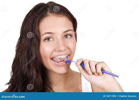 Girl With Braces Brushing Her Teeth Stock Image Image Of Teenager
