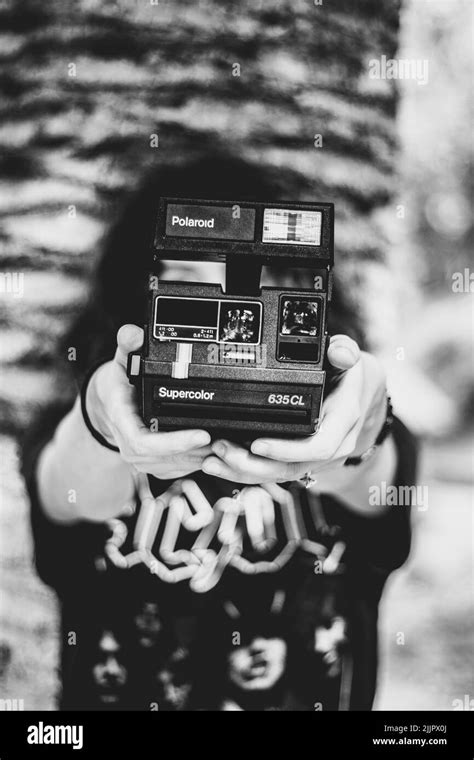 A Greyscale Shot Of A 1986 Vintage Polaroid Supercolor 635cl Stock