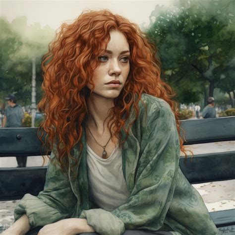 Premium Ai Image A Woman With Red Hair Is Sitting On A Bench In A Park