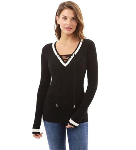 Womens V Neck Lace Up Contrast Trim Ribbed Sweater Black Cb12mxj5kh2