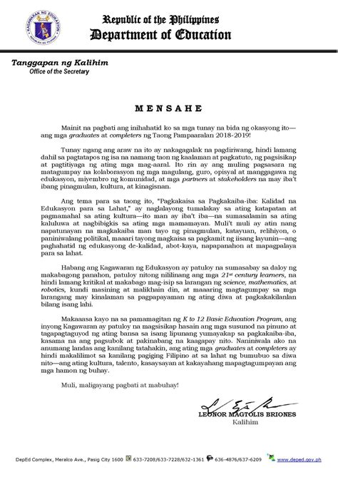 2019 graduation message of deped secretary leonor magtolis briones