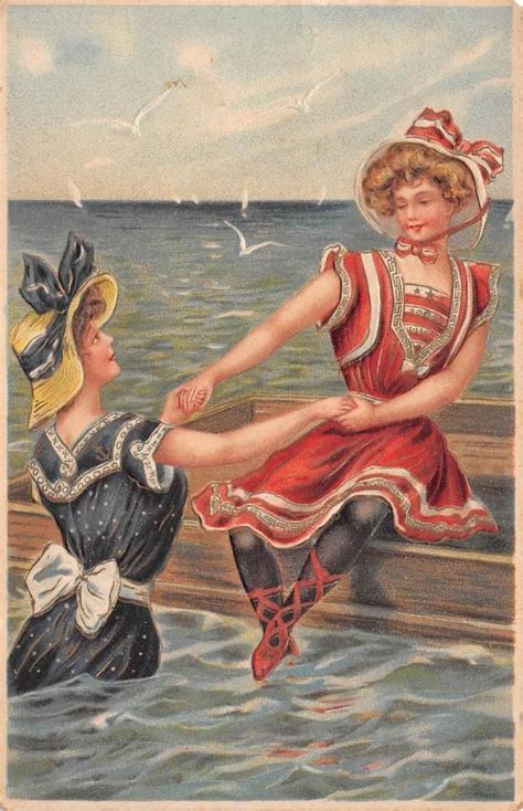 Two Victorian Bathing Beauties Embossed 1908 Postcard Vintage Beach