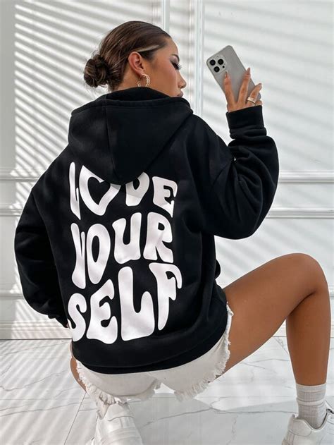 Slogan Graphic Drop Shoulder Drawstring Thermal Lined Hoodie Shein Eur