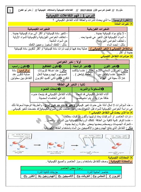 ملخص الوحدة الثالثة التفاعلات الكيميائية والمعادلات الكيميائية الصف