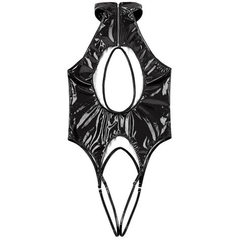 Womens Sleepwear Patent Leather Bodysuit Turtleneck Leotard Hollow Out