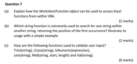 question 7 a explain how the worksheetfunction