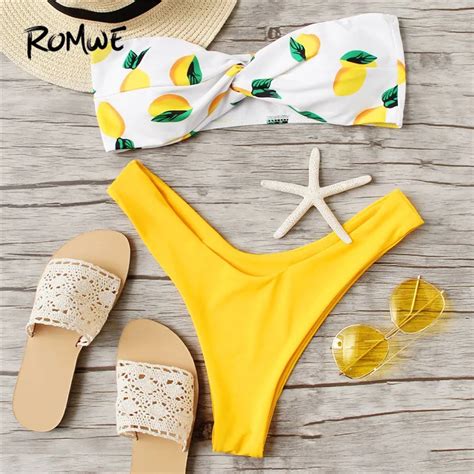 Romwe Sport Fruit Print Twist Knot Front Bandeau Hot Sexy Bikini Set