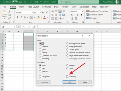 how to transpose or rotate excel cells row to column and