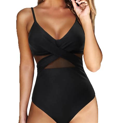Women Sexy Solid Swimsuit V Neck Padded Push Up Strap Swimsuits One
