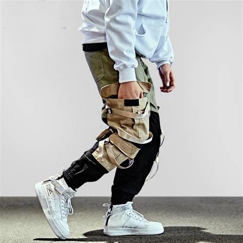 Mens Cargo Pants Hip Hop Streetwear Patchwork Multi Pocket Casual