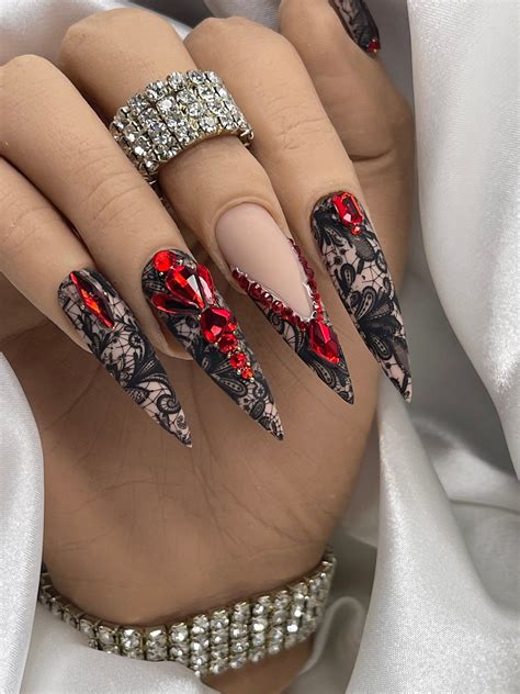 Press On Nails Black Lace Bling Nails Extra Long Nails Stiletto Nails