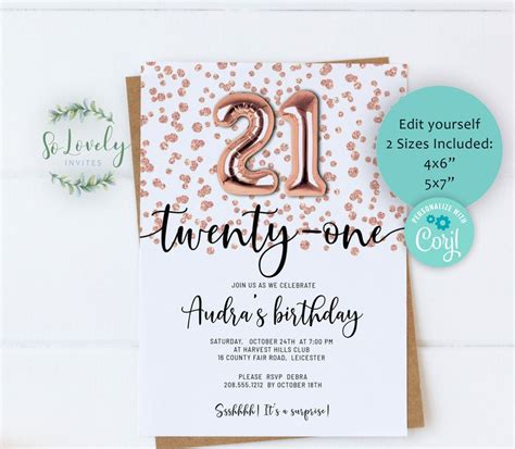 Rose Gold Glitter 21st Birthday Invitation Editable Birthday Etsy