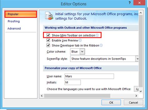how to show mini toolbar on selection in outlook
