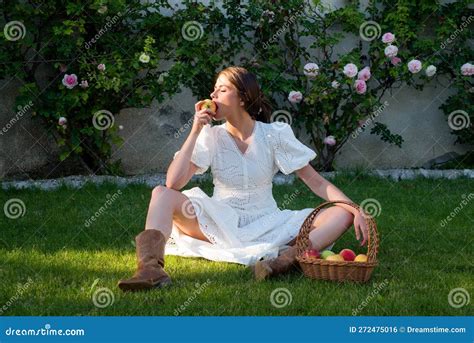 Sensual Seductive Young Woman With Tasty Apple Sensual Woman Eating