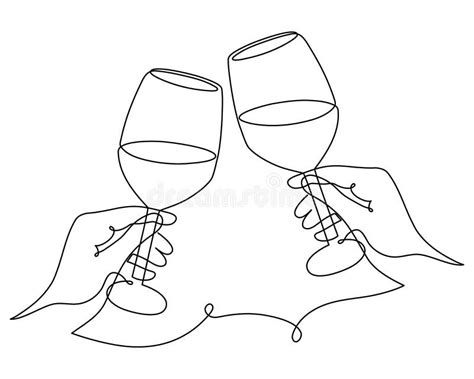 Hand Drawn Wine Clinking Glasses One Line Art Continuous Drawing