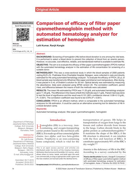 Pdf Comparison Of Efficacy Of Filter Paper Cyanmethemoglobin Method