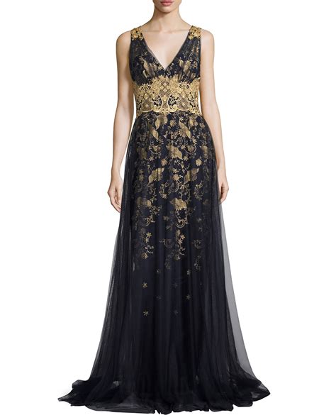 Marchesa Notte Sleeveless Embroidered Floral Tulle Gown Navy
