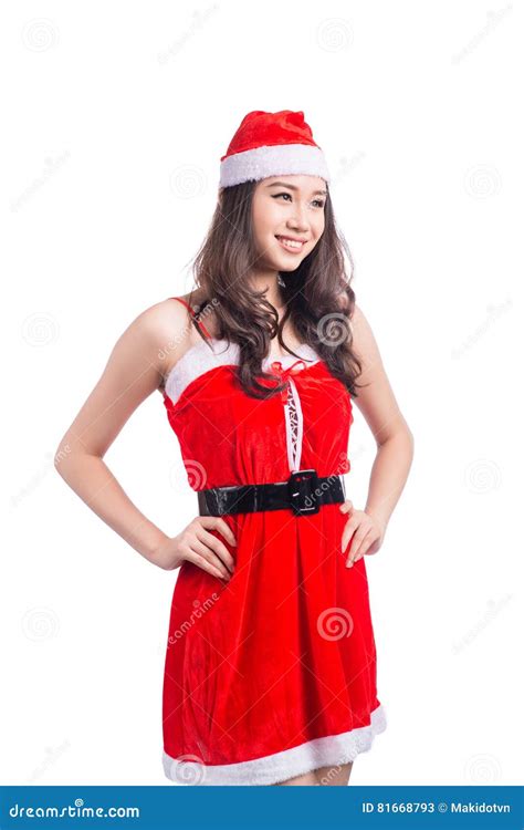 Christmas Woman Beauty Asian Model Girl In Santa Hat Isolated O Stock