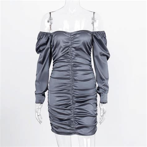 Hugcitar 2021 Long Puff Sleeve Slash Neck Satin Pleated Sexy Mini Dress