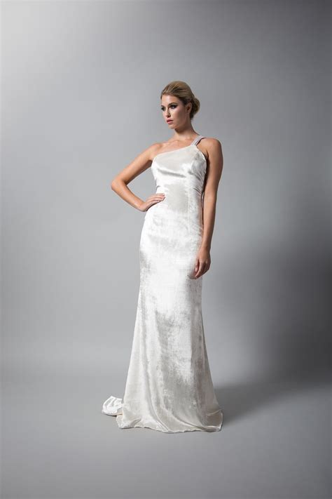 White Velvet Dress With One Off The Shoulder Sleeve By Randi Rahm The
