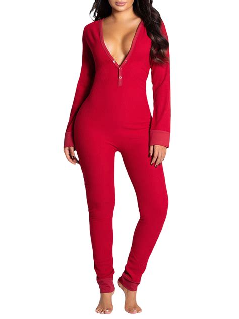 Licupiee Women Sexy Deep V Neck Butt Flap Pajamas Onesie Long Sleeve