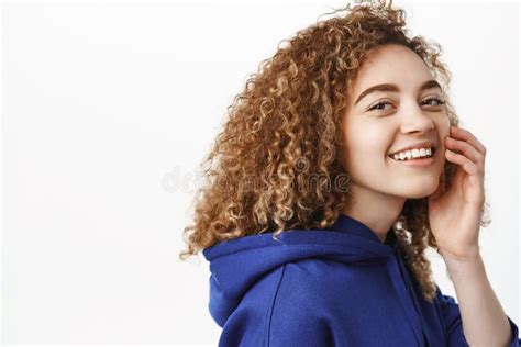 Close Up Portrait Of Beautiful Curly Girl With Happy Smile Wearing