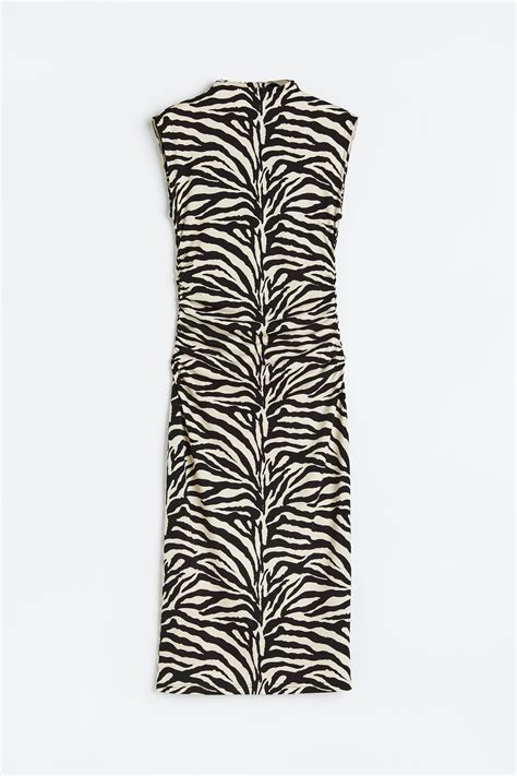 Gathered Bodycon Dress Sleeveless Midi Black Zebra Print Ladies