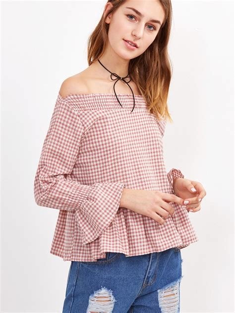 Gingham Plaid Off The Shoulder Ruffle Top Shein Sheinside