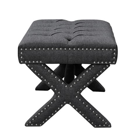Inspired Home Charlize Button Tufted Silver Nailhead Trim X Leg Ottoman