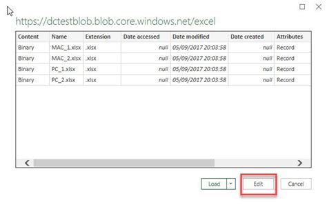 reading csv stored in azure blob storage from excel microsoft