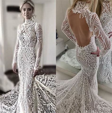 Elegant Full Lace Wedding Dresses High Neck Long Sleeves Backless