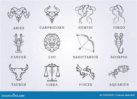 Set Of Zodiac Astrology Horoscope Sign Line Art Vector Illustrtaion