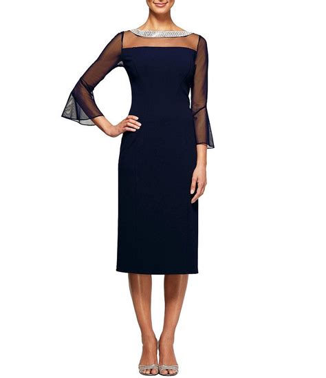 Alex Evenings Illusion 3 4 Mesh Bell Sleeve Boat Neck Crepe Sheath