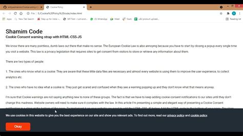 create a cookie consent popup how to add cookie consent html css