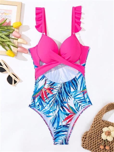 Tropical Print Ruffle Trim Push Up One Piece Swimsuit Shein Usa