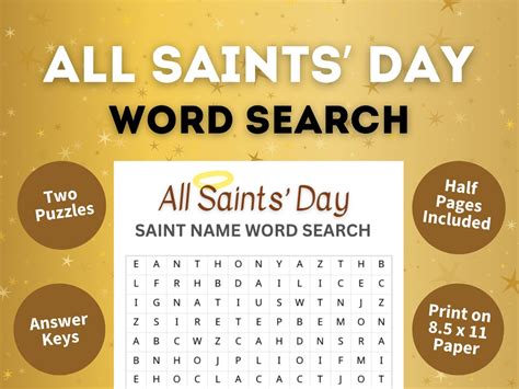 All Saints Day Word Search Printable Puzzle Etsy