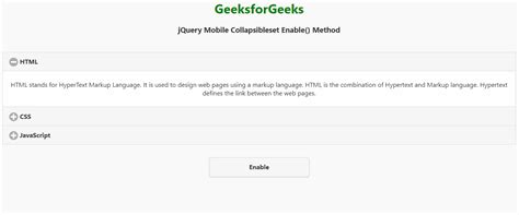 jquery mobile collapsibleset enable method geeksforgeeks