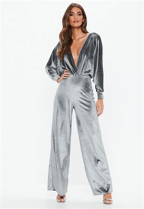 Missguided Grey Velvet Plunge Jumpsuit Street Style Fall Outfits