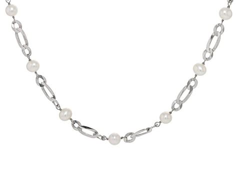 White Cultured Freshwater Pearl Rhodium Over Sterling Silver 18