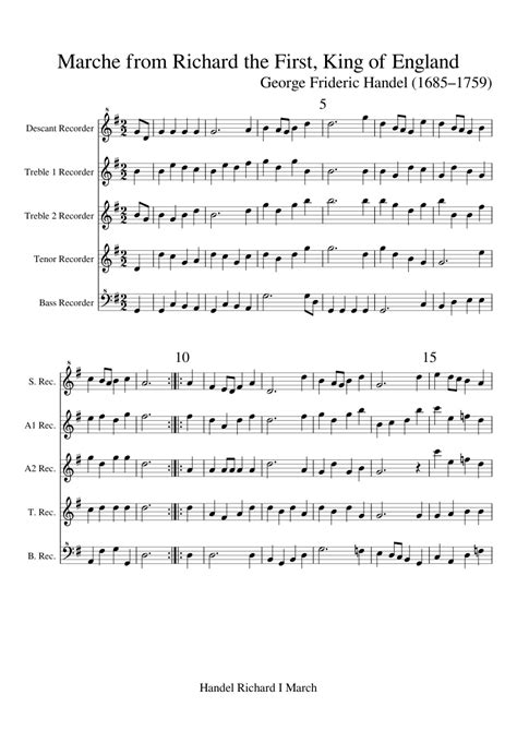 Handel Riccardo Primo March Saatb V2 Sheet Music For Recorder Mixed