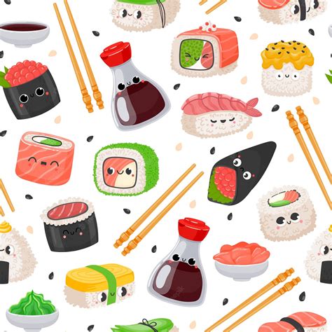 Premium Vector Cartoon Kawaii Sushi Emoji Character Seamless Pattern