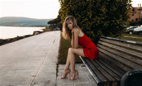 Model Sitting On Bench In Red Dress Wallpaper Hd Girls Wallpapers 4k