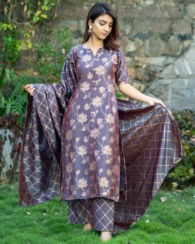 Shop Purple Grey Kurta And Palazzo Set With Checkered Dupatta Set Of