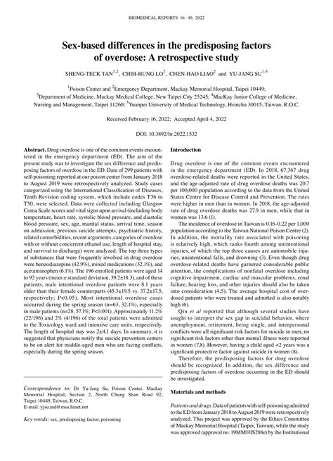 Pdf Sex‑based Differences In The Predisposing Factors Of Overdose A