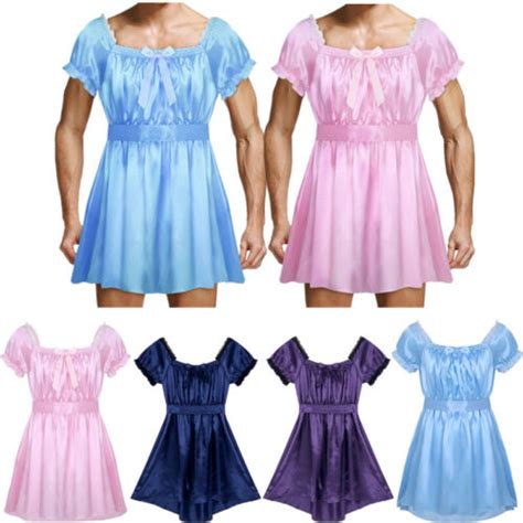 Mens Sissy Lingerie Frilly Satin Short Sleeve Dress Crossdress