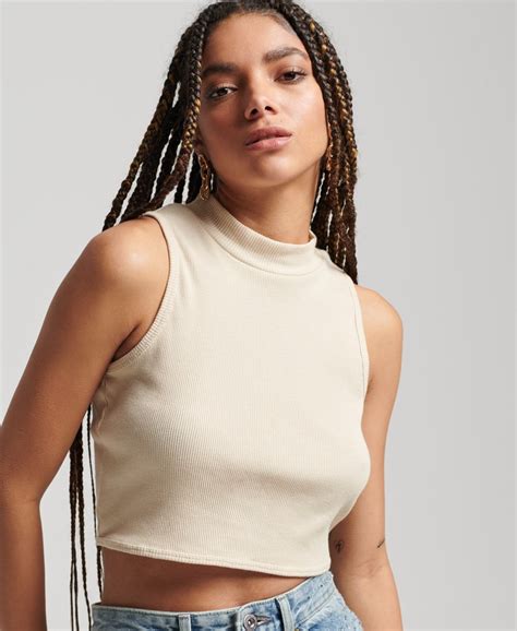 Womens Cropped Mock Neck Tank Top In Fog Grey Superdry Uk