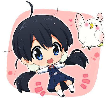 Safebooru 1girl Bird Black Hair Blue Eyes Blush Chibi Dera Mochi