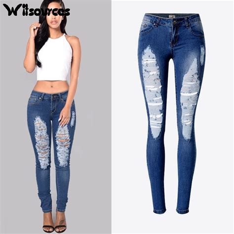 Witsources Women Sexy Pencil Denim Pants Big Holes Ripped Long Trousers
