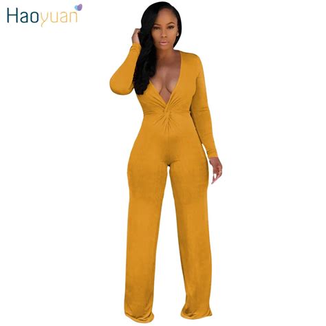 Haoyuan Sexy Bodycon Jumpsuit Deep V Neck Long Sleeve Full Bodysuit