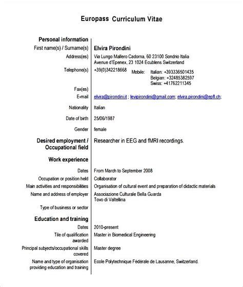 Sample Europass Curriculum Vitae Pdf Free Samples Examples And Format